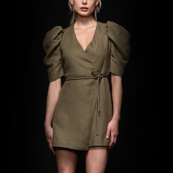 Viviennehu | Dresses | Vivienne Hu Puff Sleeve Linen Cotton Mini Wrap ...
